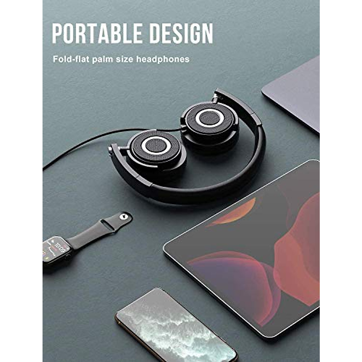 Nasuque Headphones with Microphone, Lightweight Foldable on Ear Headset for Kids Teens Adults, Wired Stereo Headphones with Deep Bass, Portable Design for Home Office Travel Virtual Schooling, Black