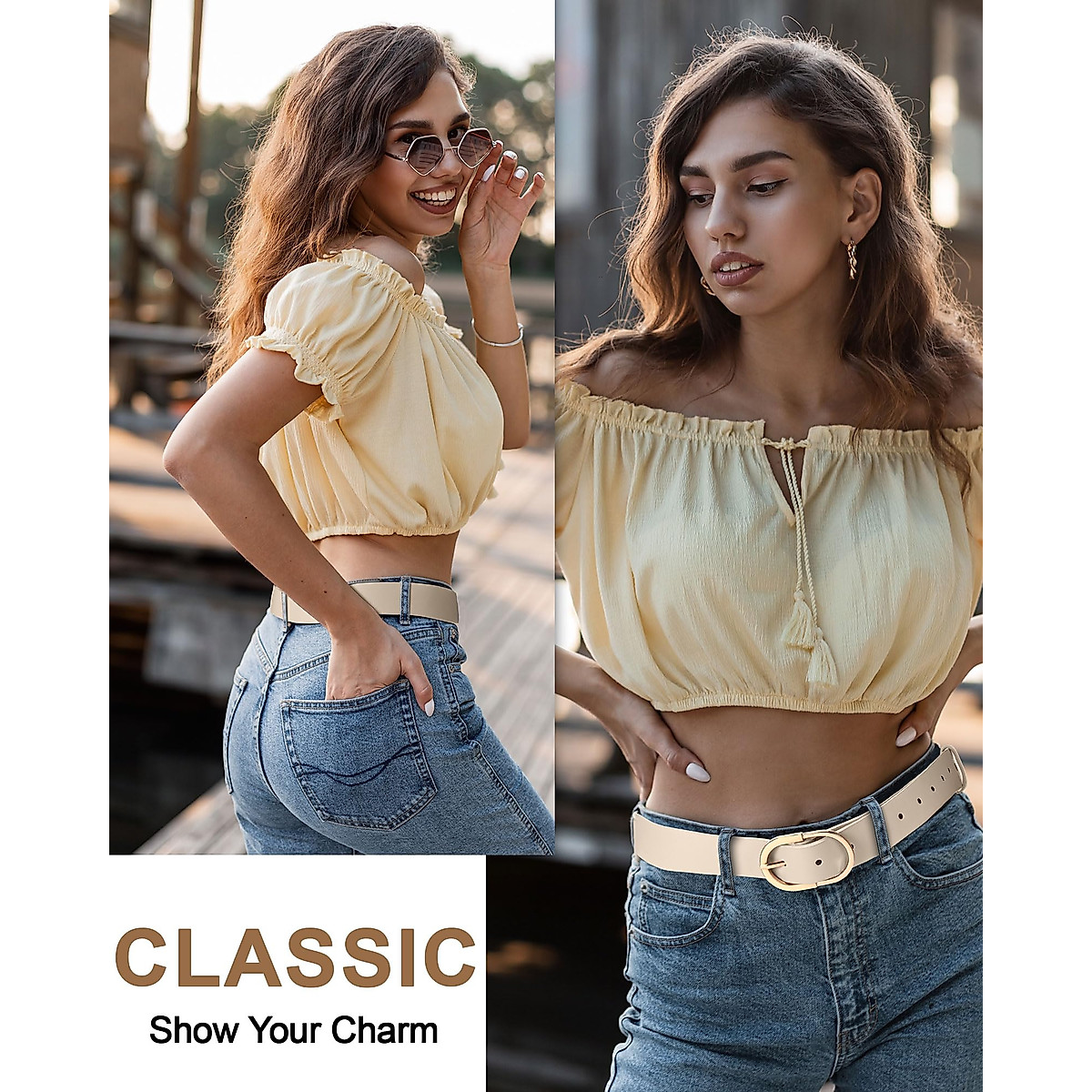 Breathffy 5 Pcs Women's Leather Belts for Jeans Dresses Pants Ladies Belt Bulk with Gold Buckle (White, Black, Camel, Khaki, Apricot,M: Fit Waist Size 31-36 Inches)