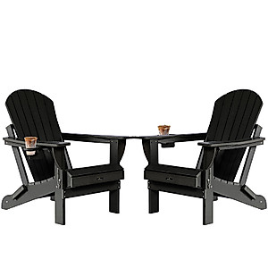 Withniture Folding Adirondack Chairs Set of 2, HDPE Adirondack Chair Wood Texture Plastic Adirondack Chairs with Cup Holder, Weather Resistant Fire Pit Chairs for Backyard Deck