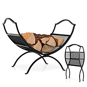 Goplus 19” Folding Firewood Rack, Outdoor Portable Fireplace Log Rack w/Convenient Handle, Heavy-Duty Steel Frame, Indoor Compact Firewood Storage Holder, Perfect for Fireplace, Firepit, Black
