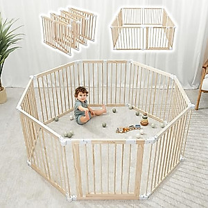 Baby Playpen & Baby Gate for Toddler and Babies, Foldable Wooden Large Shape & Size Adjustable Playard, Play Fence with Locking Gate Activity Center, Toddler Fence Play Area Indoor by Comfy Cubs