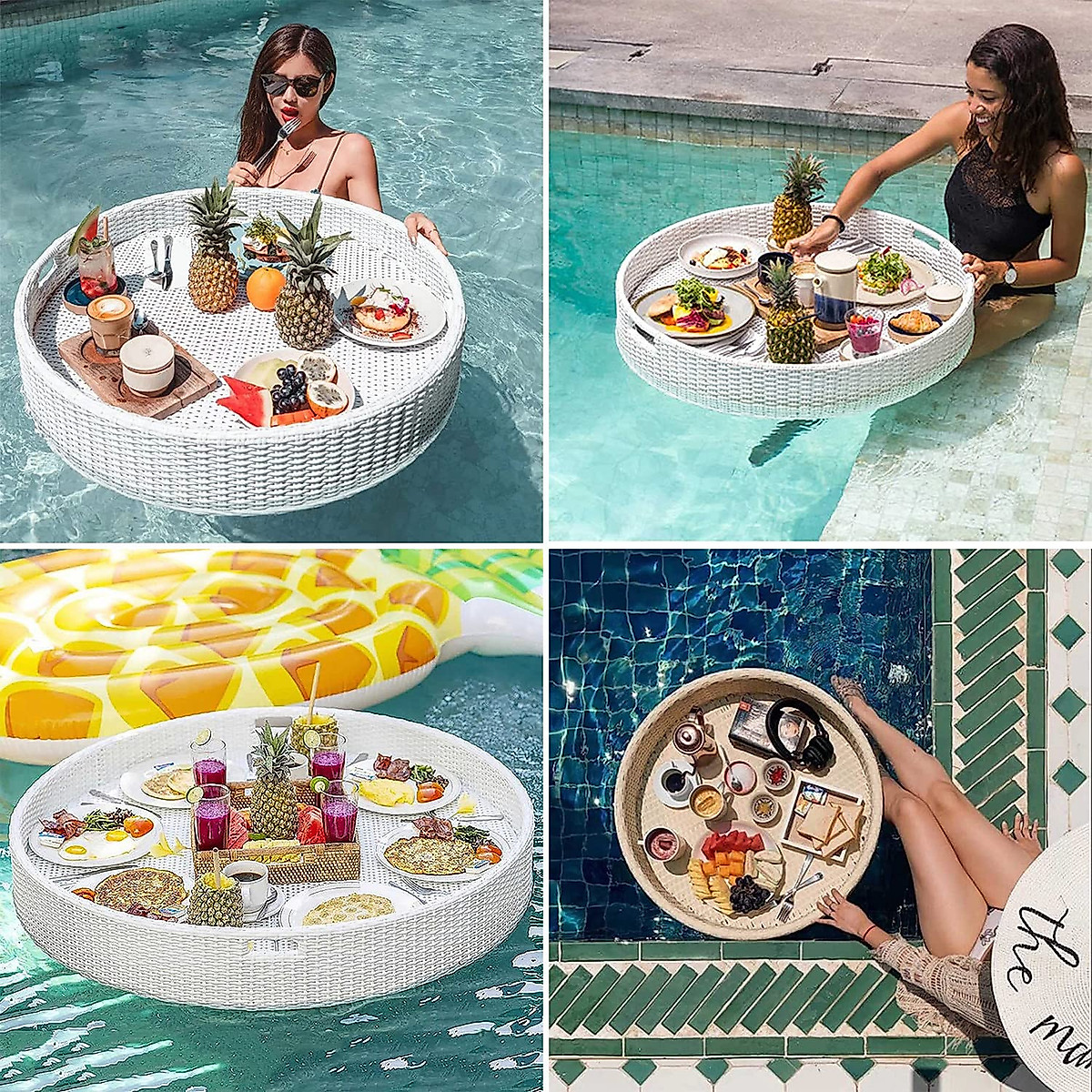 Rattan Woven Serving Tray Food Tray with Handles Luxury Floating Serving Tray Table Swimming Pool Floating Tray for Pool Serving for Wedding Photography Photo Shoot,White-80CM