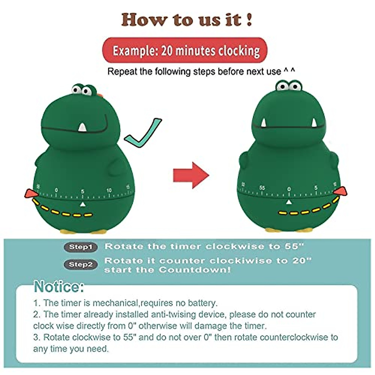 Cartoon Timer Kids Cute Kitchen Timer 60-Minute Timer Animal Reminder No Batteries for Study Work Exercise Home Desktop Decor (Dinosaur-Green)