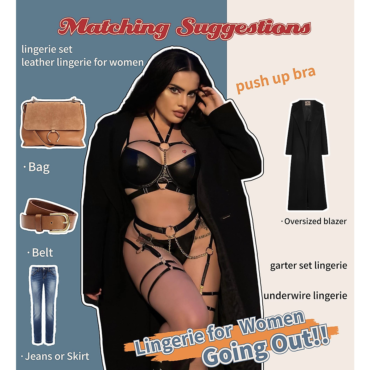 Avidlove Leather Lingerie Set for Women Sexy Strappy 5 Piece Lingerie Garter with Underwire Push Up Bra and Chain, Black,L