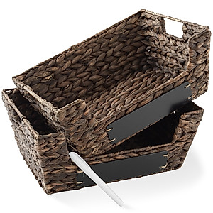 Casafield Set of 2 Water Hyacinth Pantry Baskets with Handles, Chalkboard Labels, and Marker - Espresso, Wide Woven Storage Bin Organizers for Kitchen Shelves