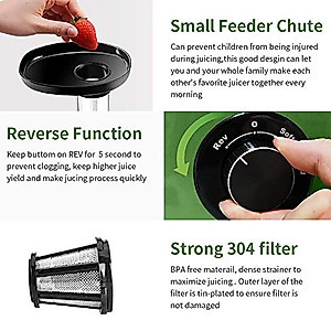 CIRAGO Juicer Machines, Slow Masticating Juicer Extractor Two Speed Adjustment, Easy to Clean, Quiet Motor, Cold Press Juicer for Vegetables and Fruits, BPA-Free (Green)