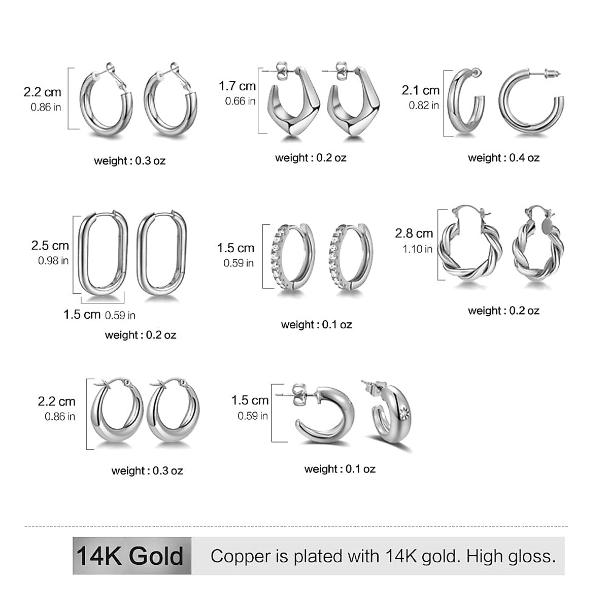 8 Pairs Delicate Gold Hoop Earrings Set for Women, 14K Gold Plated Lightweight Hypoallergenic earrings