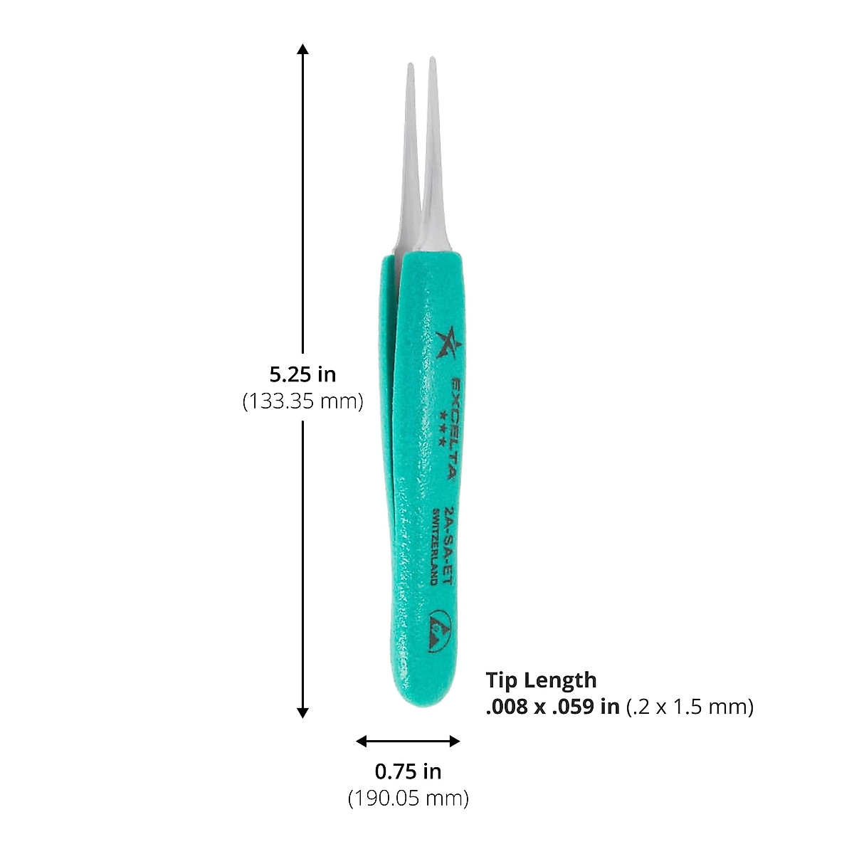 Excelta Stainless Steel Tweezers, 5.25" Straight Tapered Flat Point, Anti-Static Cushioned Grip for SMD, Electronics & Lab Use, Professional