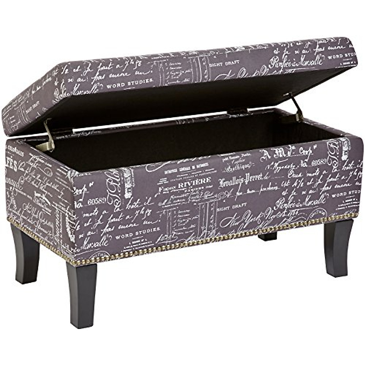 FIRST HILL FHW Endora Rectangular Fabric Storage Ottoman with Script-Style Pattern - Storm Grey