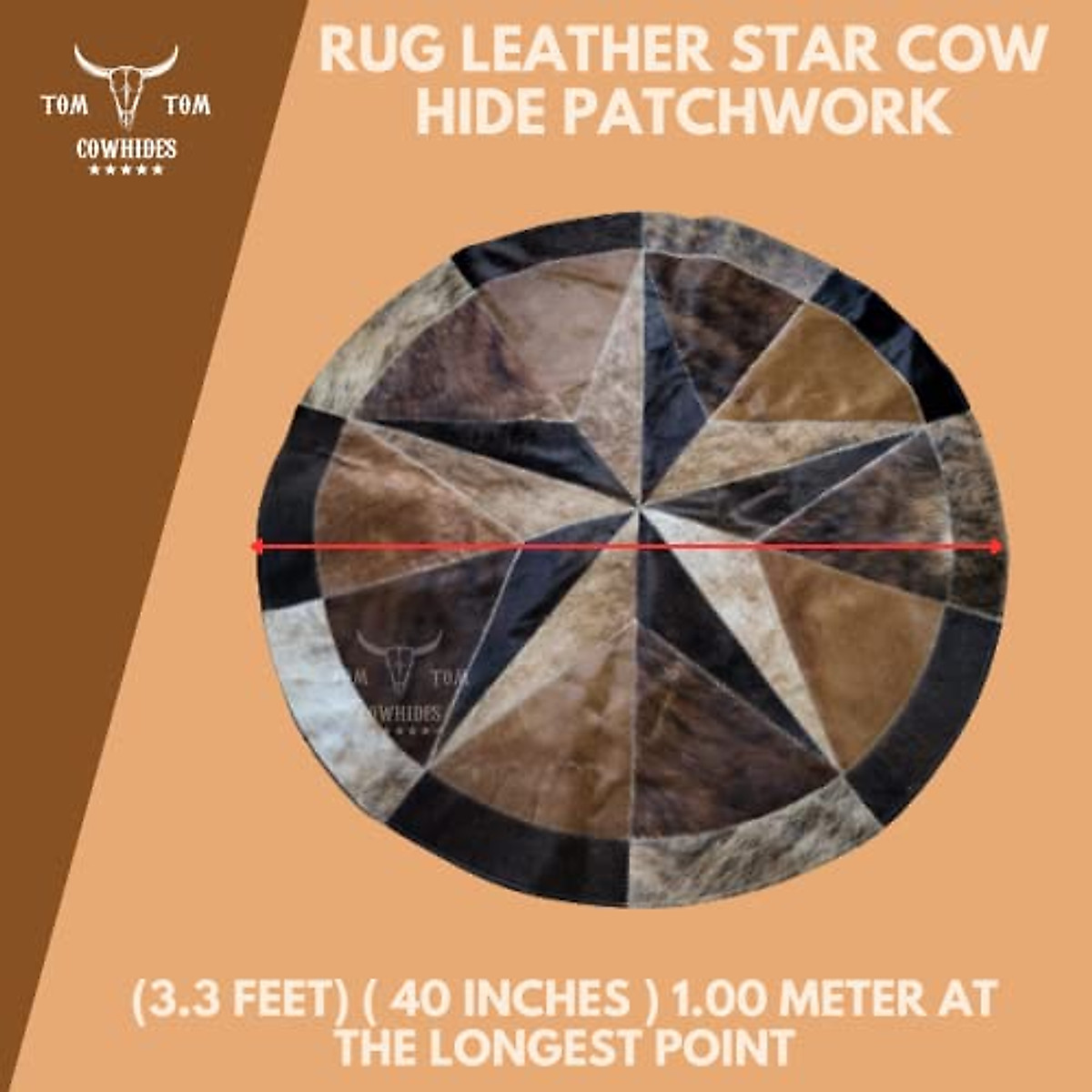 TOM TOM COWHIDES Rug Leather Star Cow Hide Patchwork Area Round Carpet 40''