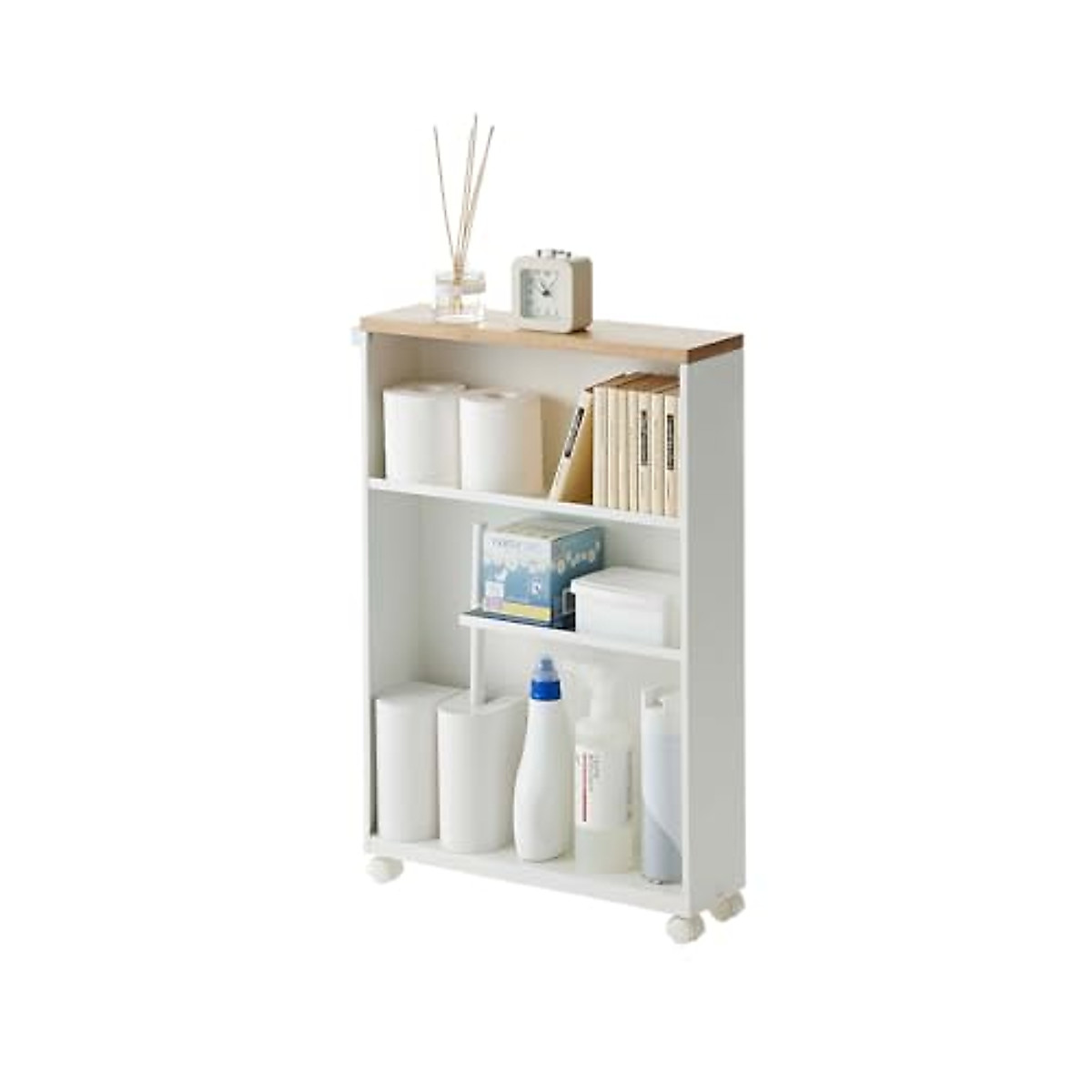 Yamazaki Home Rolling Slim Bathroom Utility Cart with Handle - Storage Shelf Narrow Organizer Rack Steel One Size White