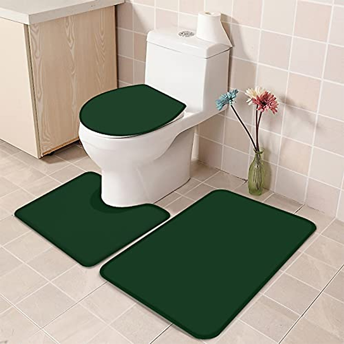 Red Vow Luxury Memory Foam Bathroom Rugs Set 3 Pieces-Dark Green Pattern,Absorbent Non Slip Soft Cushioned-Toilet Lid Cover,Bath Mat Pad,Contour Mat