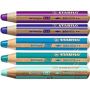 STABILO Multi-talented Pencil woody 3-in-1 - Blue Tones Box of 5 - Violet, Ultramarine, Blue, Cyan Blue & Turquoise + Sharpener
