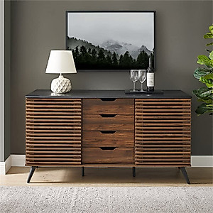 Walker Edison Modern 4 Drawer Sliding Door Wood Cabinet Buffet Entryway Serving Storage Cabinet Doors Dining Room Console, 59 Inch, Black and Dark Walnut