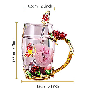 DasyFly Birthday Gifts For Women,Enamel Butterfly Flower Glass Tea Cup Rose Red Coffee Mug,Cute Gifts For Women Mom Wife Grandma Female Friend on Anniversary Christmas Valentines Mothers day