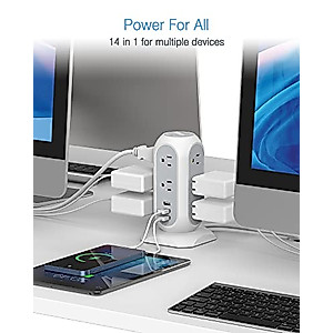 Tower Power Strip with 11 Outlets 3 USB Chargers, TESSAN Surge Protector Tower 1875W/15A, 6 Feet Extension Cord with Multiple Outlets, Flat Plug, Office Supplies, Desk Accessories, Dorm Essentials