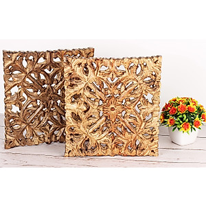 Wooden Set of 2 Square Trivet for Hot Dishes Plates & Pots Holder Hot Pad for Kitchen & Dining Table Décor Cookware Heat Resistant Rustic Decorative Carvings 8 Inches