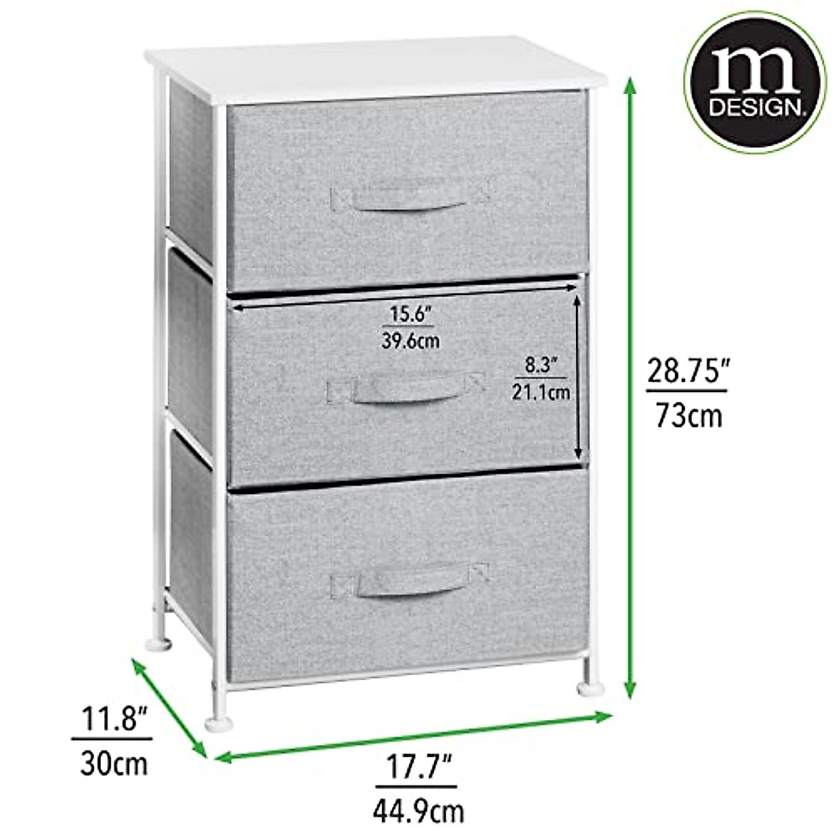 mDesign Steel Top and Frame Storage Dresser Tower Unit with 3 Removable Fabric Drawers for Bedroom, Living Room, or Bathroom - Holds Clothes, Accessories, Lido Collection - Gray