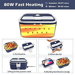 PHIWILLS 80W Electric Lunch Box 1.8L Container Food Warmer Heater, 12V/24V/110V Heated Lunchbox for Car/Truck/Work with 0.45L Compartment, Stainless Steel Spoon & Fork, Insulated Bag