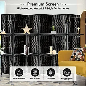 Giantex 6Ft 6 Panel Room Divider with Shelves, Freestanding Hand-Woven Rattan Folding Privacy Screens for Room Separation, Wooden Partition Room Divider Wall for Home Office Studio Separator