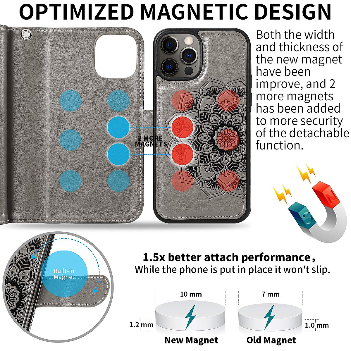 CASEOWL Compatible for iPhone 12 Pro Max Case Wallet Magnetic Detachable 2 in 1 Mandala Embossed Leather Flip Wallet Case with 9 Card Slots,Hand Strap for Women (Gray)
