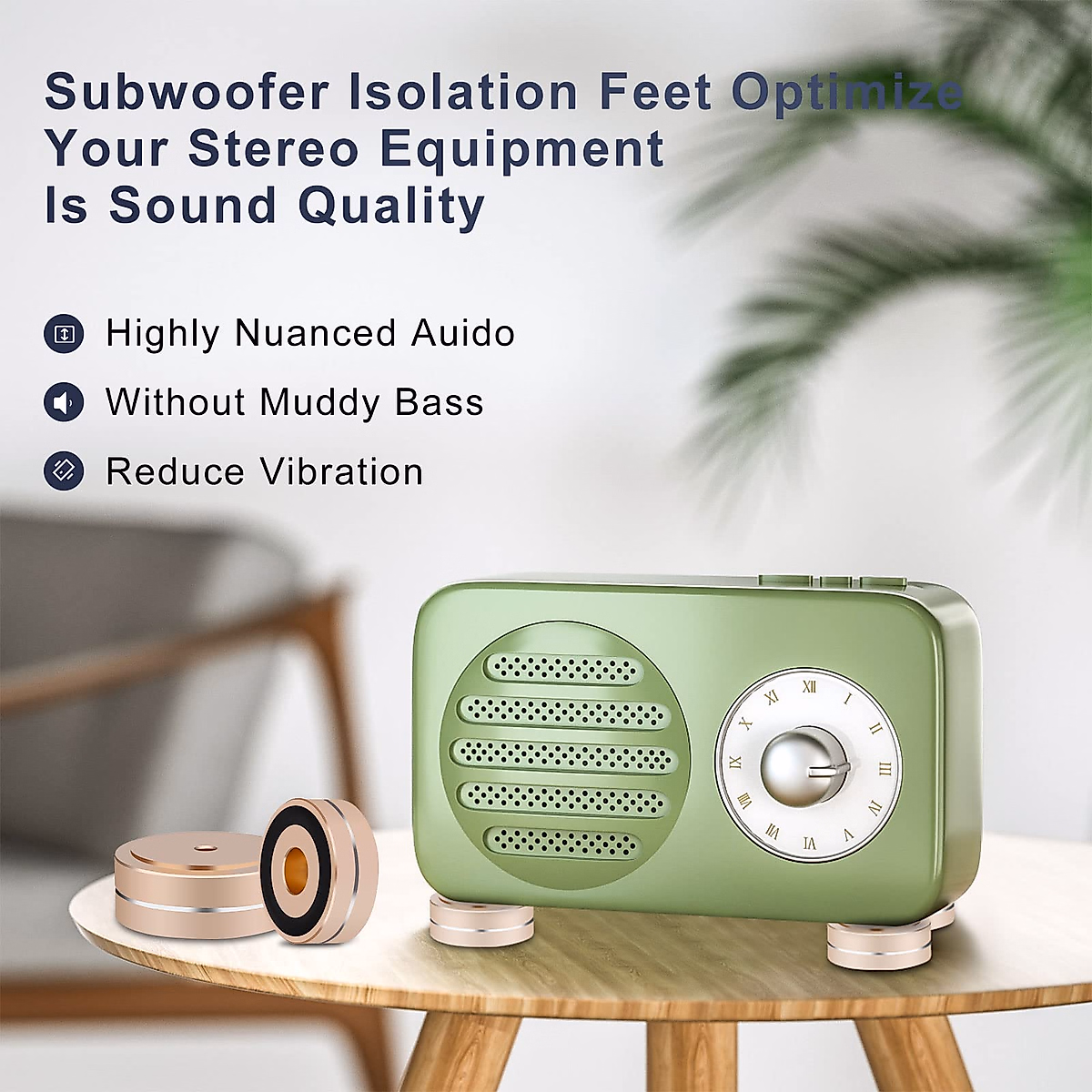 Monosaudio Speaker Isolation Feet 4 Pcs 40x15mm Aluminum Feet Subwoofer Isolation Feet with Non-Slip Rubber Rings/Adhesive/M4 Screws for Audio,Speakers,Subwoofers,Amplifier,DAC,Turntable(Gold)