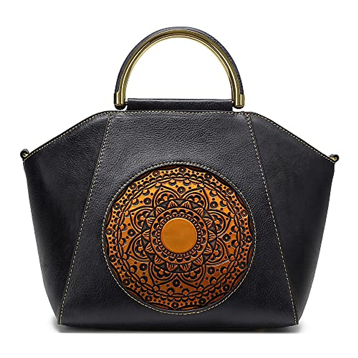 Women Genuine Leather Handbags, Organizer Retro Vegetable Tanning leather bag Vintage Embossing Totem Shoulder Bag (black)