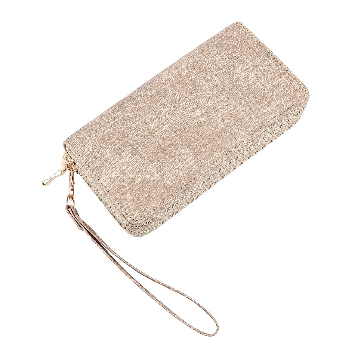 Classic Leatherette Zip Around Wallet - Vegan Leather Zipper Clutch Purse Coin Card Slots, Removable Wristlet (Double Zip Wristlet - Textured Light Brown)