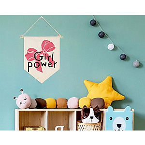 MEHOTOP Girl Power-Canvas Hanging Pennant Flag Banner Wall Sign Decor Gift for Nursery Baby Kids Girl Teen Bedroom Playroom Front Door Bowknot Play Room Wall Banners Birthday Christmas Gifts|Pink, Bow
