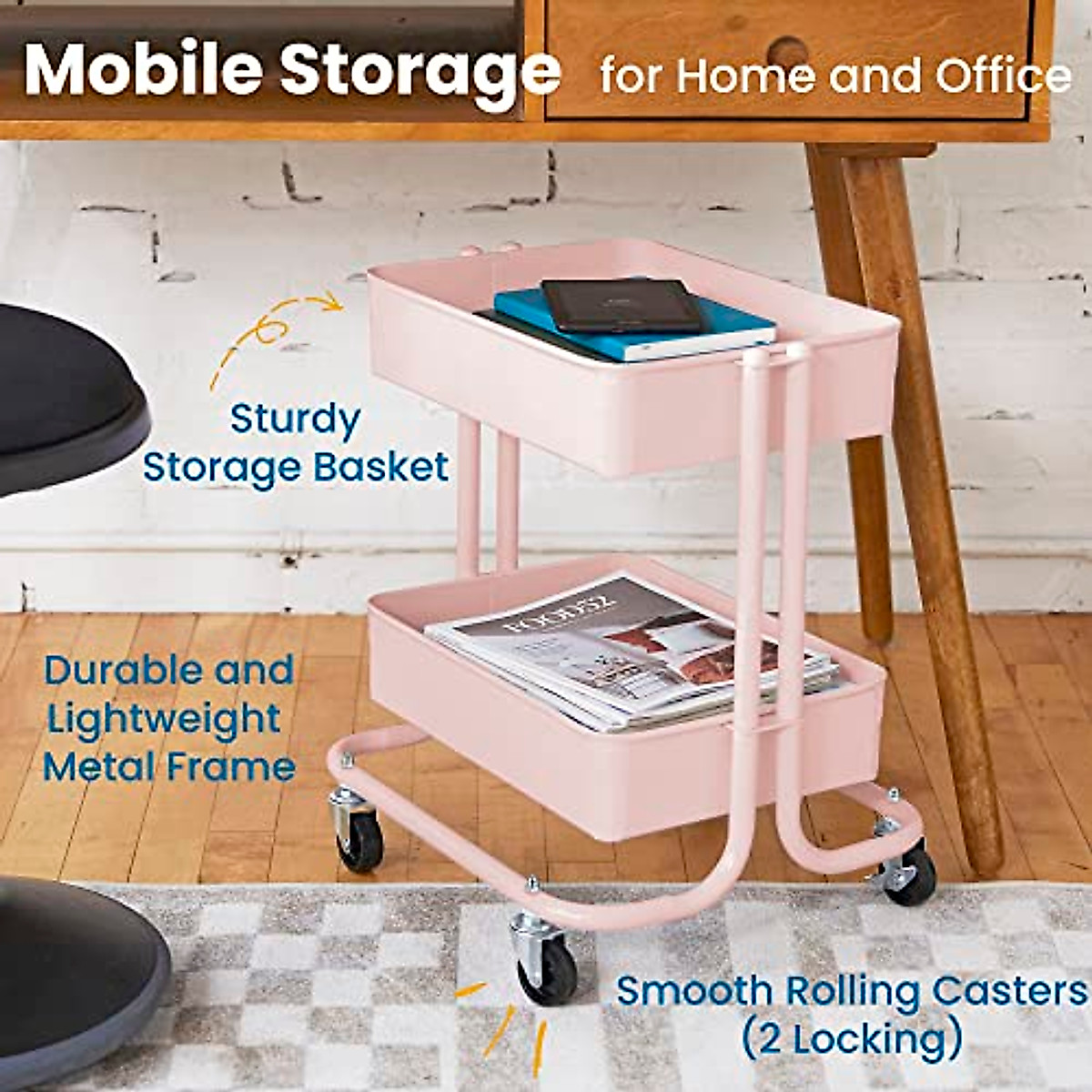 ECR4Kids 2-Tier Rolling Utility Cart, Multipurpose Storage, Pink