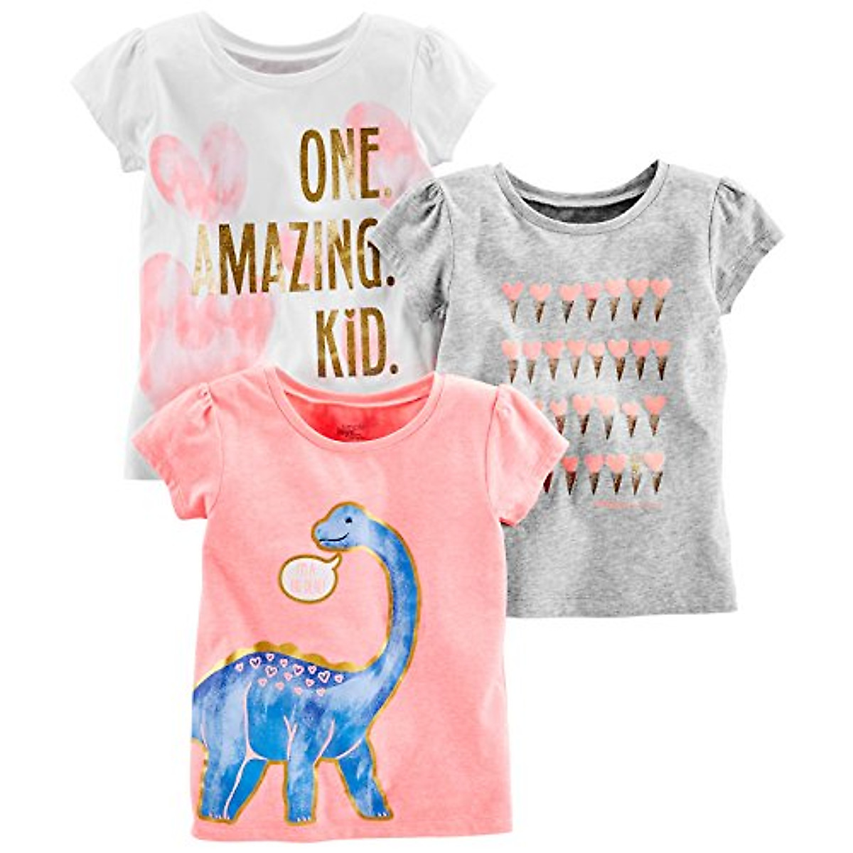 Simple Joys by Carter's Girls' Short-Sleeve Shirts and Tops, Pack of 3, Grey Hearts/Pink Dinosaur/White Text Print, 3T