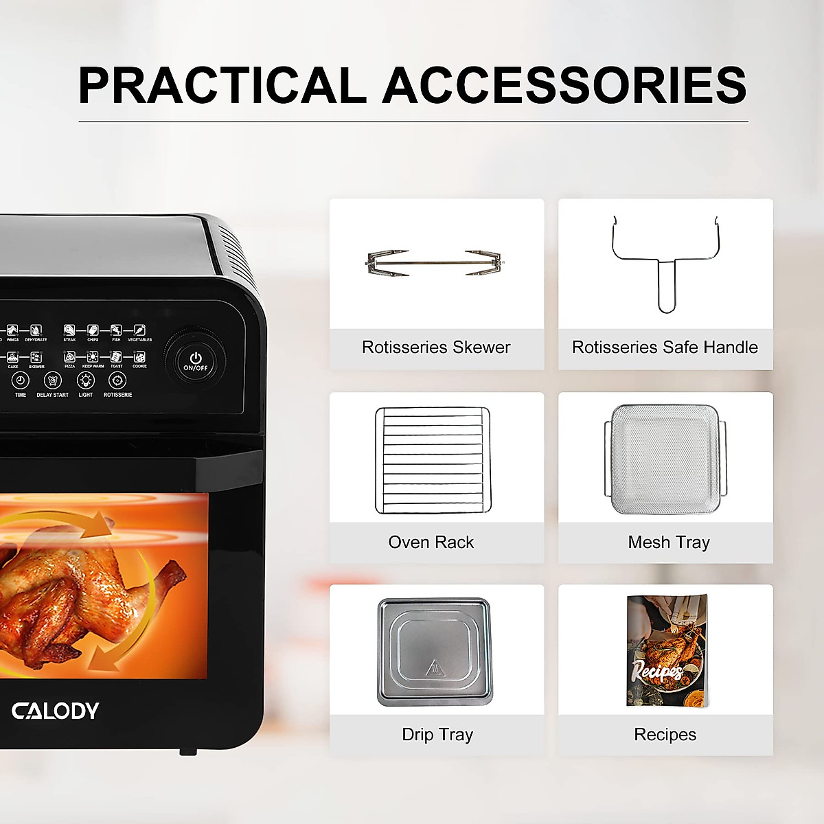 Calody 12.7 QT Air Fryer, 16-in-1 Air Fryer Toaster Oven Combo with One-Touch Preset Cooking Functions, LED Display Screen, Visible Window, Recipe and 6 Accessories Included, 1600W