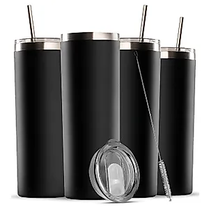 FineDine Insulated Skinny Stainless Steel Tumbler Set - 4-Pack 20oz Tumbler with Straw - Travel Coffee Mug With PBA Free Lids - Slim Vacuum Keep Hot & Cold - For Home, Office. (Inky Raven Black)
