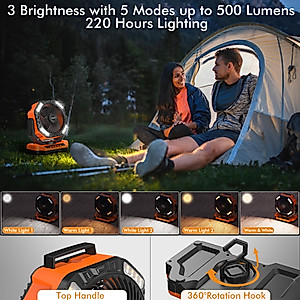 40000mAh Rechargeable Camping Fan, Battery Operated Fan with Light & Remote, 12" Portable Outdoor Fan, Auto Oscillating Battery Powered Floor Fan for Tent RV Car Travel Jobsite Hurricane Power Outages