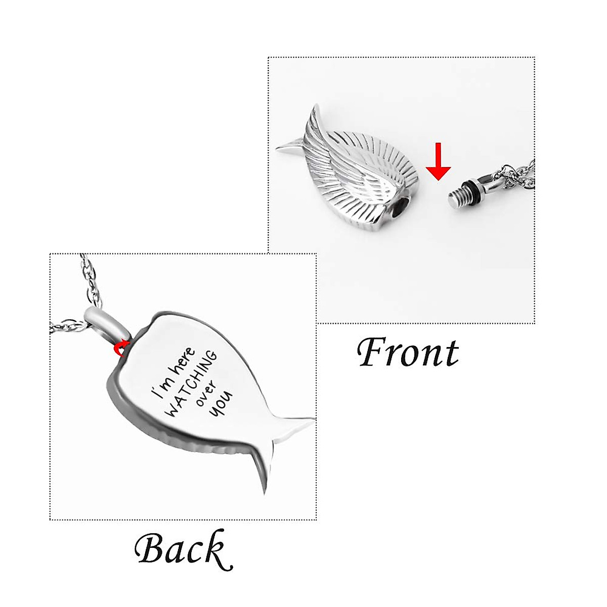 Angel Wing Cremation Necklace for Ashes Stainless Steel Urn Pendant Ashes Holder Memorial Jewelry-I’m Here WATCHING Over You