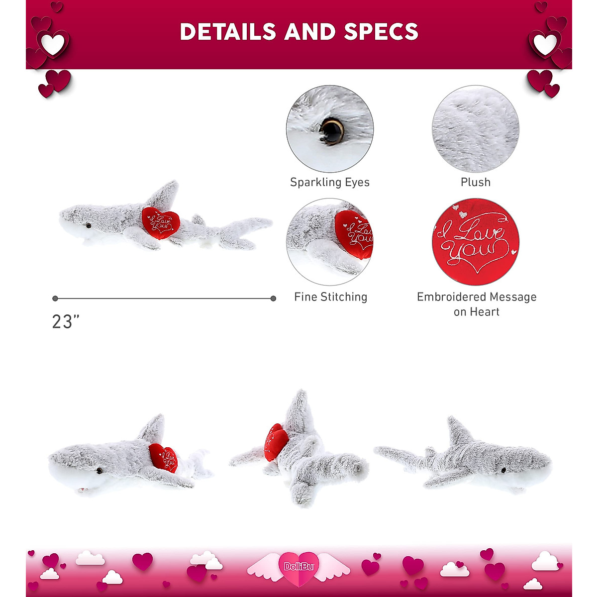 DolliBu I Love You Valentine Plush Big Eye Great White Shark - Cute Stuffed Animal with Red Heart and Name Personalization Gift for Valentines Day, Birthday, Anniversary, Romantic Date - 23 Inches