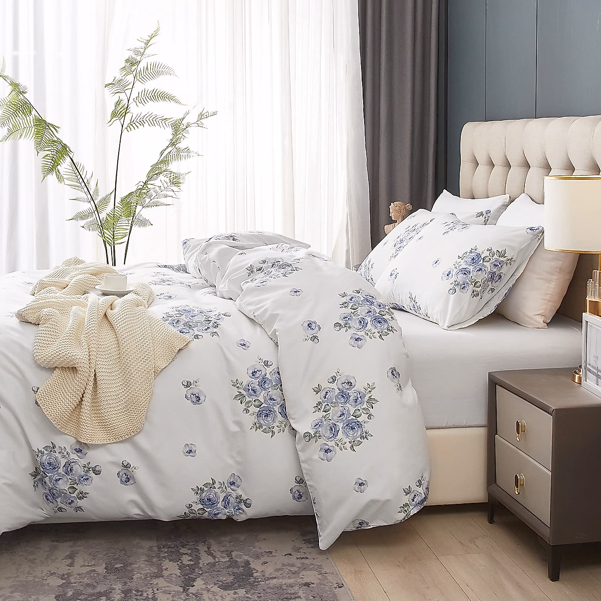 HYPREST Floral Duvet Cover Set King Size, 3 Pieces Blue Floral Farmhouse Duvet Cover Set- Soft, Lightweight & Breathable, Standard 100 by Oeko-Tex(No Comforter)