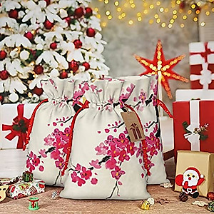 Drawstrings Christmas Gift Bags Blossoming-Oriental-Cherry-Branch Presents Wrapping Bags Xmas Gift Wrapping Sacks Pouches Medium