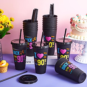 Uiifan 16 Pcs Back to the 90's Party Cute Reusable Cups with Lids and Straws 24 oz Cold Drinking 90's Retro Plastic Tumblers Bulk Funny Back to the 90's Party Decorations Supplies