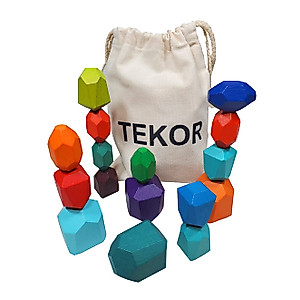 TEKOR 16 Pcs Wooden Stacking Rocks, Rainbow Balancing Stones, Natural Wooden Building Blocks, Educational Preschool Learning Lightweight Montessori Toys for Toddlers Boys Girls