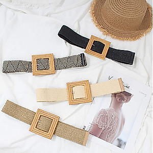 YUCFOREN Women Skinny Dress Belt, Fashion Straw Woven Elastic Stretch Waist Band Wood Buckle Belt, Sand