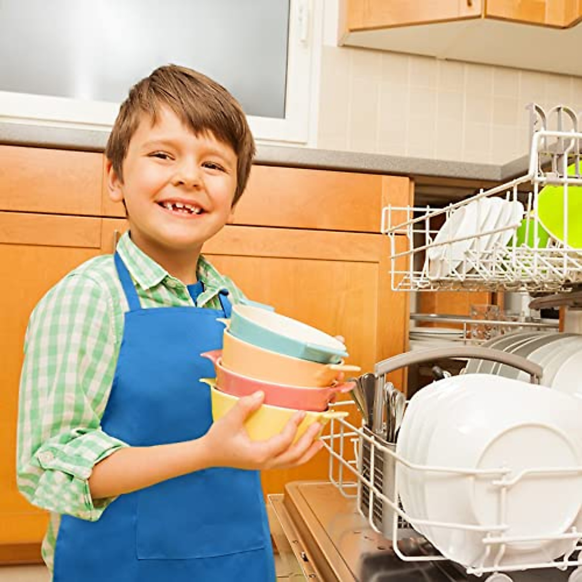 SINLAND Kids Apron with Pocket 2 Pack Children Chef Apron for Cooking Baking Painting (M:6-12 Years)