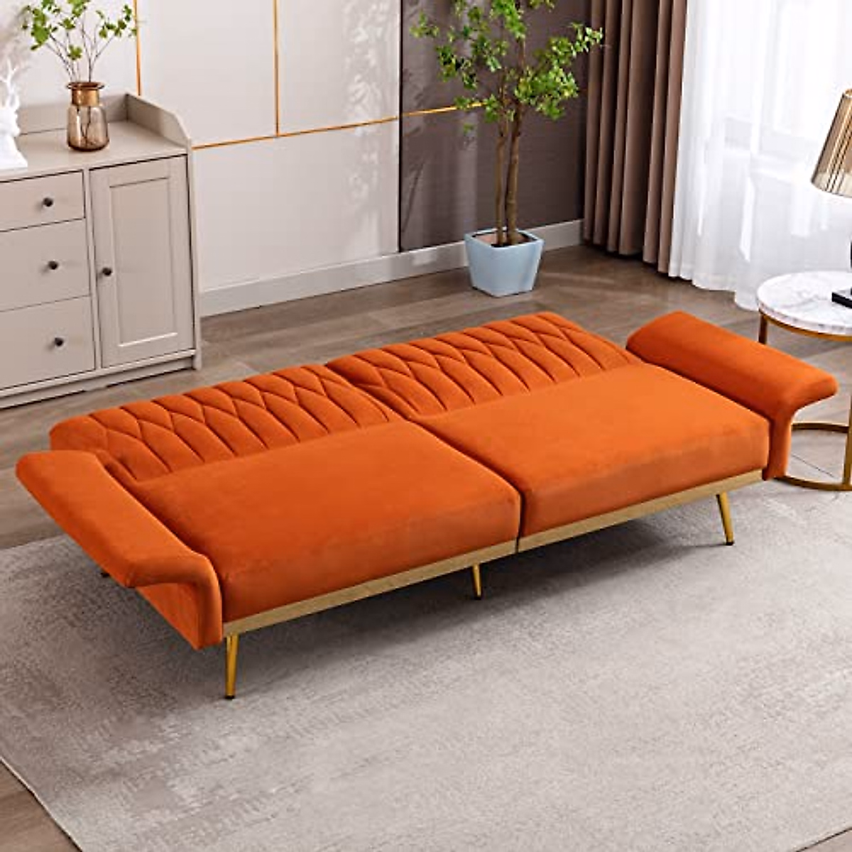 TTGIEET 70" W Velvet Convertible Futon Sofa Bed, Mid Century Modern Decor, Tufted Loveseat Couch Sleeper Futon Sofa with Adjustable Armrests& Golden Metal Legs for Home Living Room Bedroom (Orange)