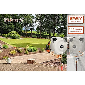 Blütezeit Retractable Garden Hose Reel, 1/2'' x 65FT+6FT Wall Mount Water Hose Reel, 8 Function Hose Nozzle, Any Length Lock, 180° Swivel Bracket, Automatic Slow Rewind System