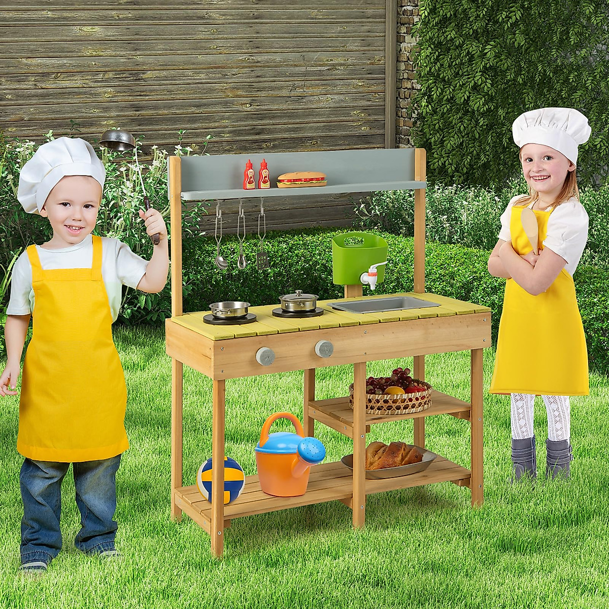 Costzon Wooden Kids Play Kitchen, Outdoor Mud Kitchen with Removable Sink, Water Box & Faucet, Stove Top, Storage Shelves, Fun Backyard Pretend Kitchen Playset for Boys Girls 3+ (Green)