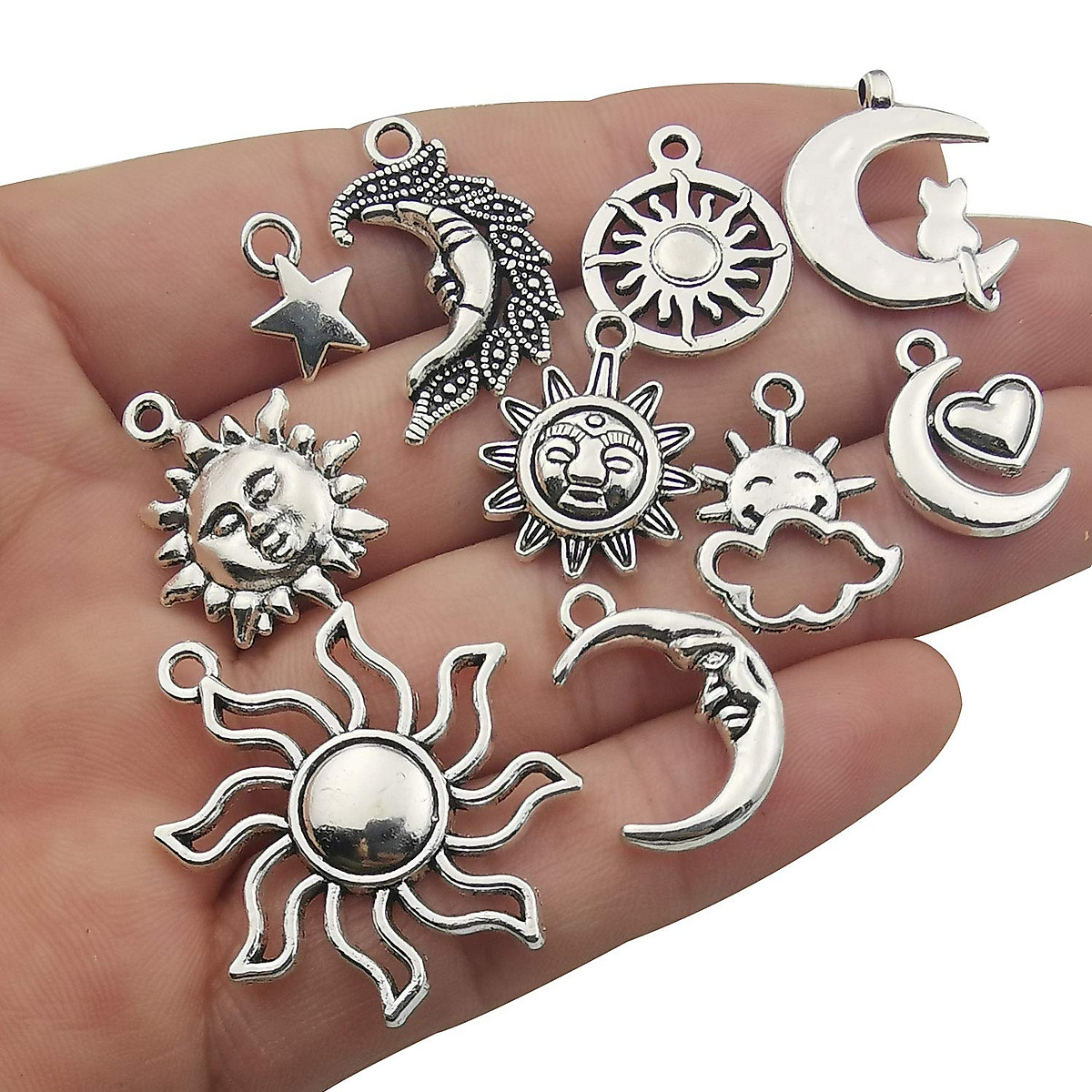 100g(80pcs) Craft Supplies Mixed Antique Silver Sun Moon Stars Charms Pendants for Crafting, Jewelry Findings Making Accessory for DIY Necklace Bracelet (M250)