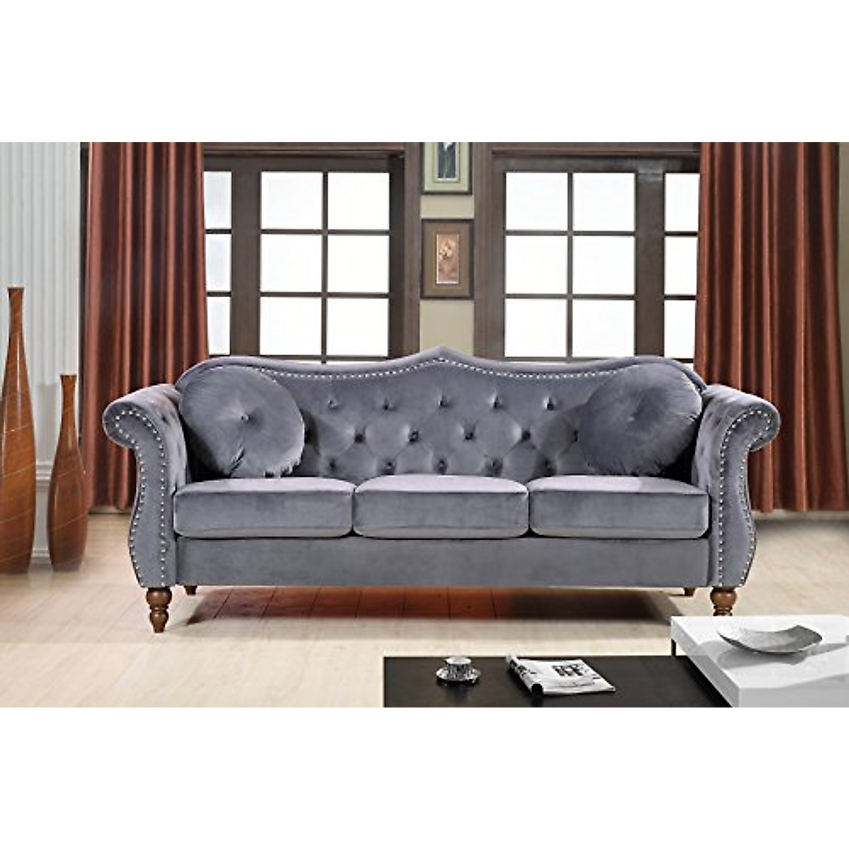Container Furniture Direct Anna1 Chesterfield Velvet Couches for Living Room, Button Tufted Luxury Upholstery with Rolled Arms, High-Density Foam, Durable Wood Frame, 79.5" Sofa, Lava Gray