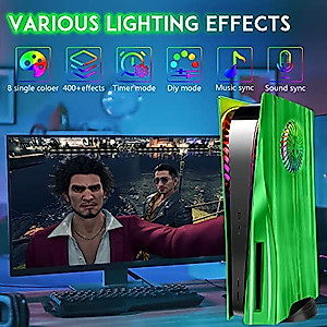 SIKEMAY PS5 Accessories Playstation 5 Plates with RGB LED Light Strip, Console Cover Face Plates Side Shell with Cooling Vents, PS5 Lights 8 Color 400+Effects Kit, Custom Dust Skin - Plating Green