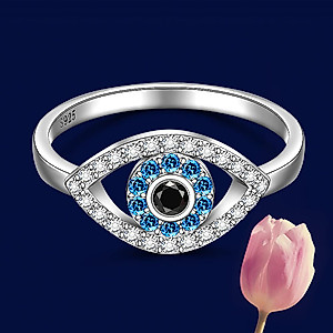 Blue Evil Eye Ring Sterling Silver Spiritual Turkish Third Eye Rings for Women Mal De Ojo Greek Protection Nazar Amulet Sapphire Jewelry Gift Size 8