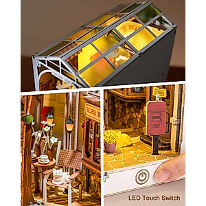 Rolife DIY Book Nook Kit 3D Wooden Puzzle for Adults 9.5" Bookshelf Indert Decor with LED Miniature Dollhouse Kit Bookend Crafts Diorama Hobbies Gifts for Boys Girls (Sunshine Town)